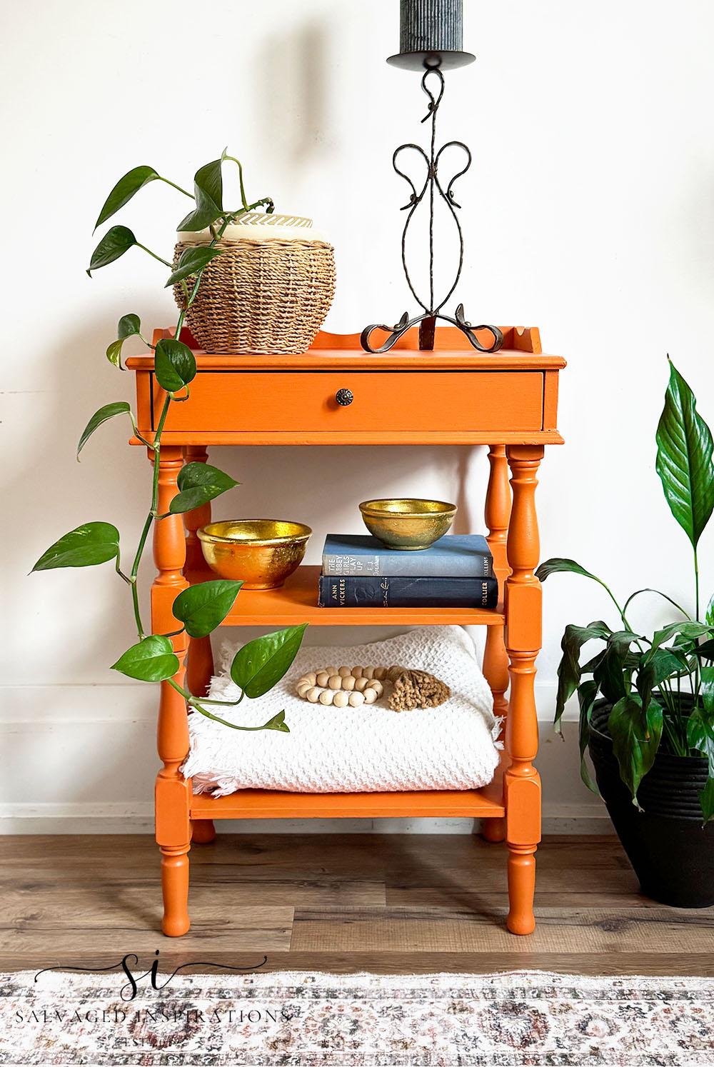 Front View Of Bold Orange Painted End Table | Salvaged Inspirations